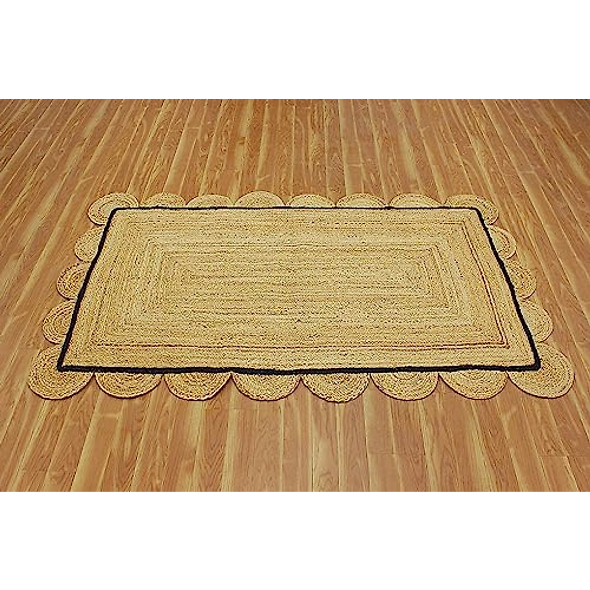 Casavani Scalloped Collection Rectangular Area Trend Rug - 4' x 6', Beige and Yellow, Braided Jute Rug With Scallop Design Ideal for High Traffic Areas in Entryway, Living Room, Bedroom