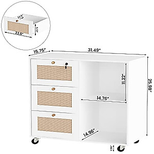 AWQM Wood Filing Cabinet with Lock,3 Drawers Office Storage Cabinet Printer Stand with Open Storage Shelves,Rattan Mobile File Cabinet for Home Office,White