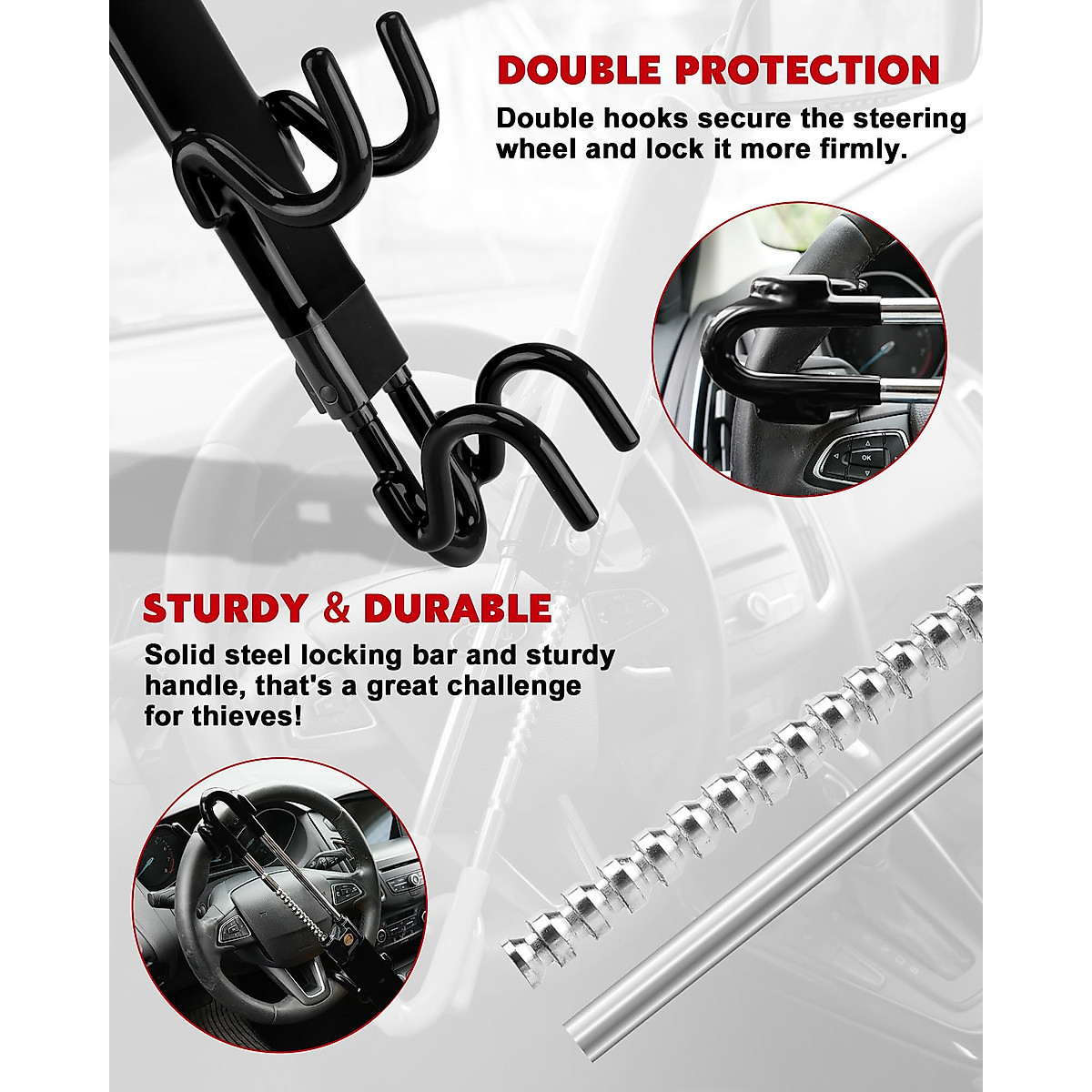 Tevlaphee Steering Wheel Lock Anti-Theft Car Device Heavy Duty Security Car Lock Antitheft Locking Devices Great Deterrent Adjustable Car Wheel Lock Anti Theft for Vehicle Truck with 3 Keys(Black)