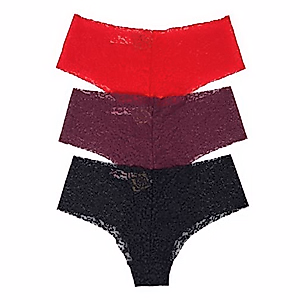 Victoria's Secret PINK Cheekster Panty Set of 3 Medium No Show Lace Red / Maroon / Black