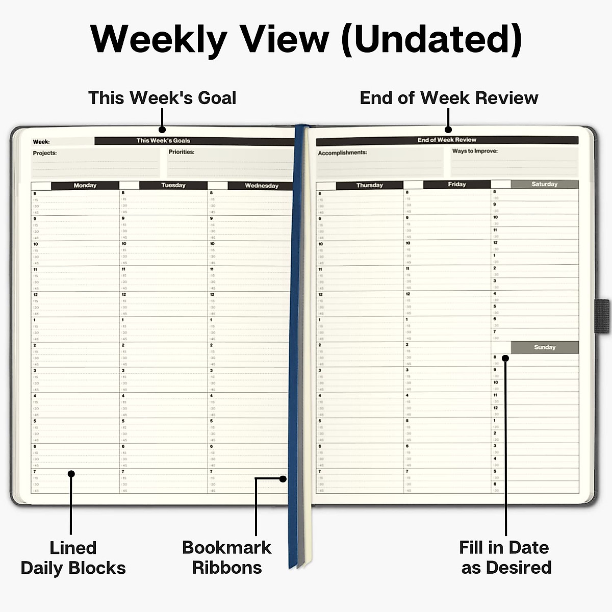 Dunwell Large Undated Appointment Book 2023 (8.5 x 11), Gray Faux Leather, 15 Minute Interval Time Block Planner (30 Min Weekends) No Date Planner Daily Weekly Monthly