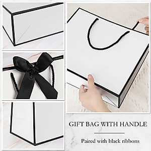 Silkfly 12 Pcs Thank You Gift Bags with Handles 11.8 x 10 x 4'' Paper Bag with Bow Ribbon Gift Wrap Bags for Wedding Bridesmaid Party Baby Shower Birthday Housewarming Gifts(White, Black)