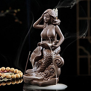 Zen Garden Ceramic Mermaid Incense Holder Backflow Incense Burner Incense Cones Stick Holder, Ideal for Yoga Room, Home Decoration 3.15''X2.76''X6.9''
