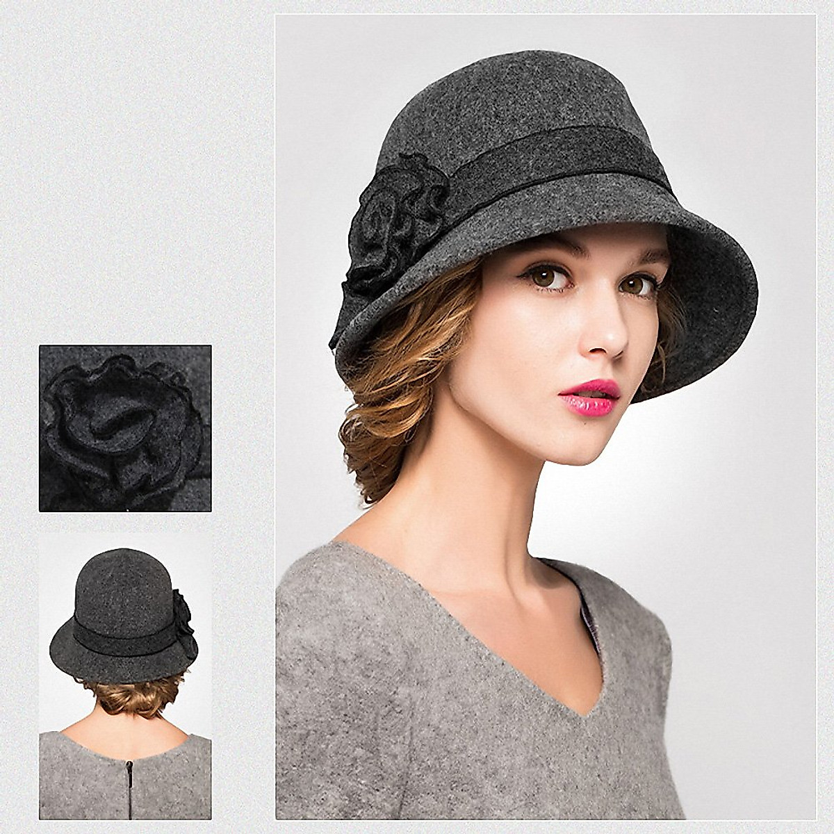 Maitose™ Women's Wool Felt Flowers Church Bowler Hats Dark Gray