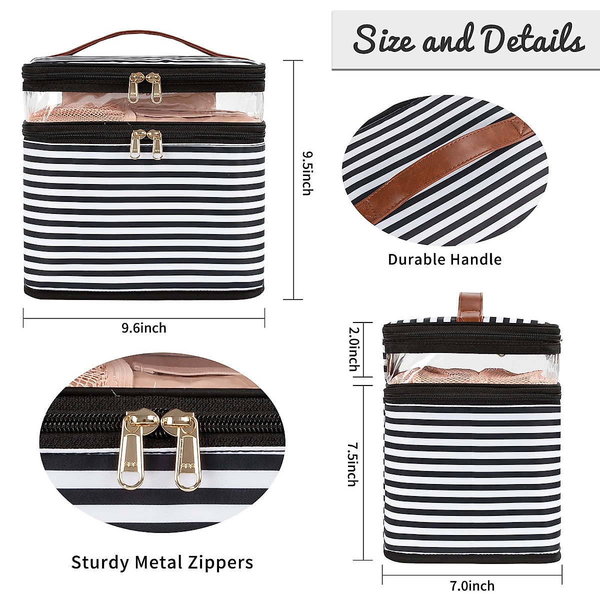 OCHEAL Large Makeup Bag, Double Layer Makeup Bag, Vertical Storage Cosmetic Case for Women/Girls with Multiple Compartments-Black and White Stripes