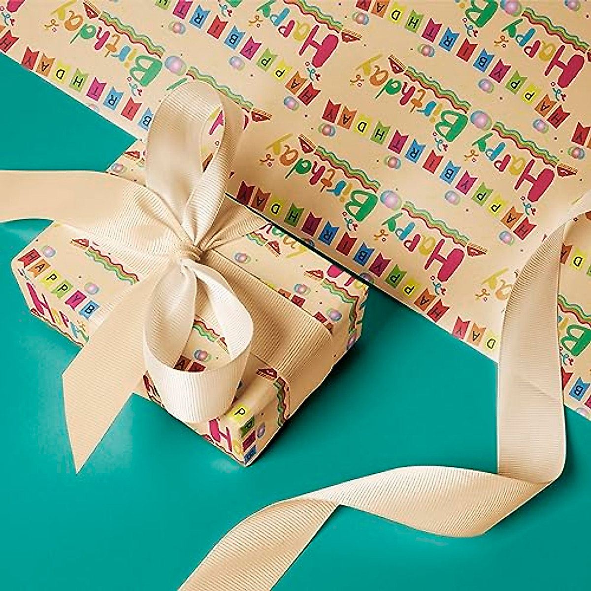Ulmasinn Kraft Birthday Wrapping Paper Flat 8 Sheets for Kids Boys Girls, Brown Gift Wrap with Cakes, Gift Boxes, Stars, and Happy Birthday for Celebrate Birthday Party, 20 X 29 Inches Each