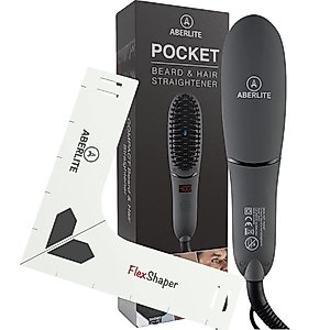 Aberlite Beard Straightener Kit with Beard Shaper, Ceramic Plates, Argan Oil Heat Shield, Rubber Shaper Edges, Flat Brush Attachment, Temperature Control - An Ideal Gift for Men