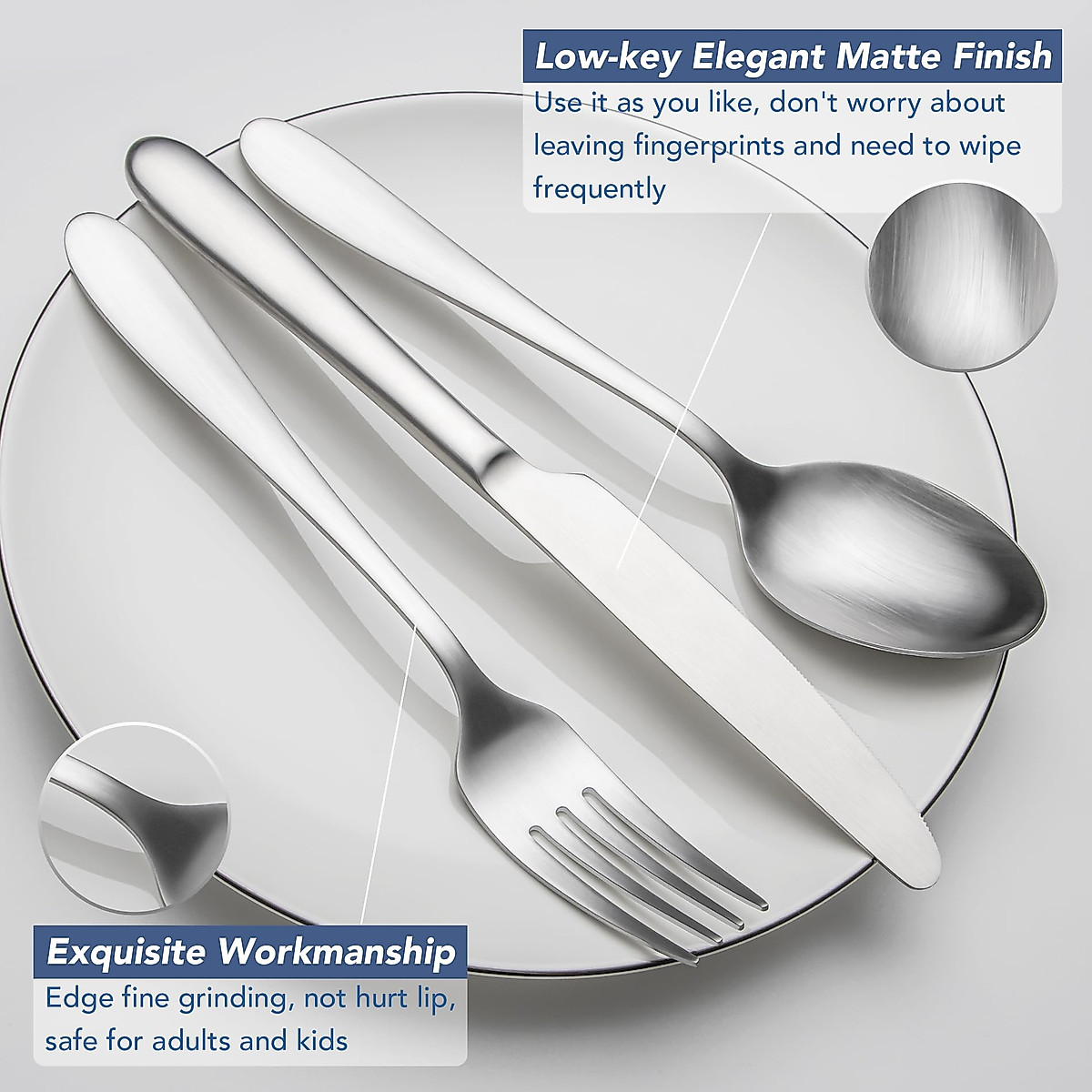 40 Piece Matte Silverware Set for 8, EIUBUIE Premium Stainless Steel Flatware Set, Matte Finish Cutlery Durable Solid, Modern Kitchen Tableware Eating Utensil Sets Includes Spoons Forks Knives