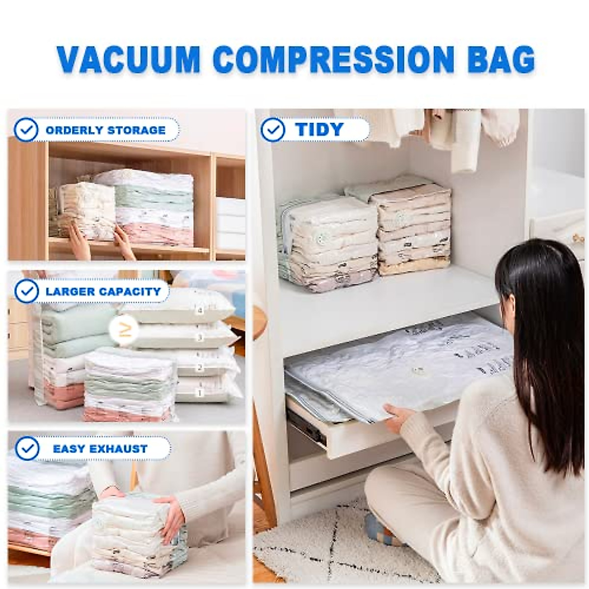 Vacuum Storage Bags, Space Saver Sealer Bags Compressed Closet Organizers and Storage Bags for Bedding, Comforter, Pillows, Towel, Blanket, Clothes Compress Cube No Pumps Needed 3 Pack (Large-3pcs)