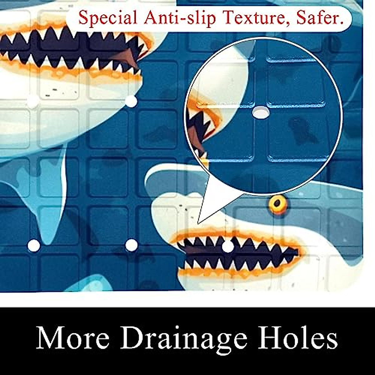 Bath Tub Shower Mat - Anti-Slip PVC Material 15.1x26.8 in, Gentle Cushioning Quick Drying Suction Cups Reliable Solution - Vicious Shark Pattern Non-Slip Floor Mat