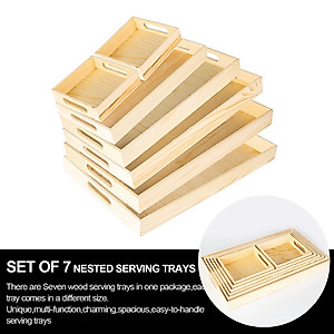 7PCS Wooden Nested Serving Trays Set - Rectangular Shape Unfinished Wood Kitchen Nesting Food Trays with Handle for Coffee, Serving Pastries, Snacks, Chocolate, Craft and Decor