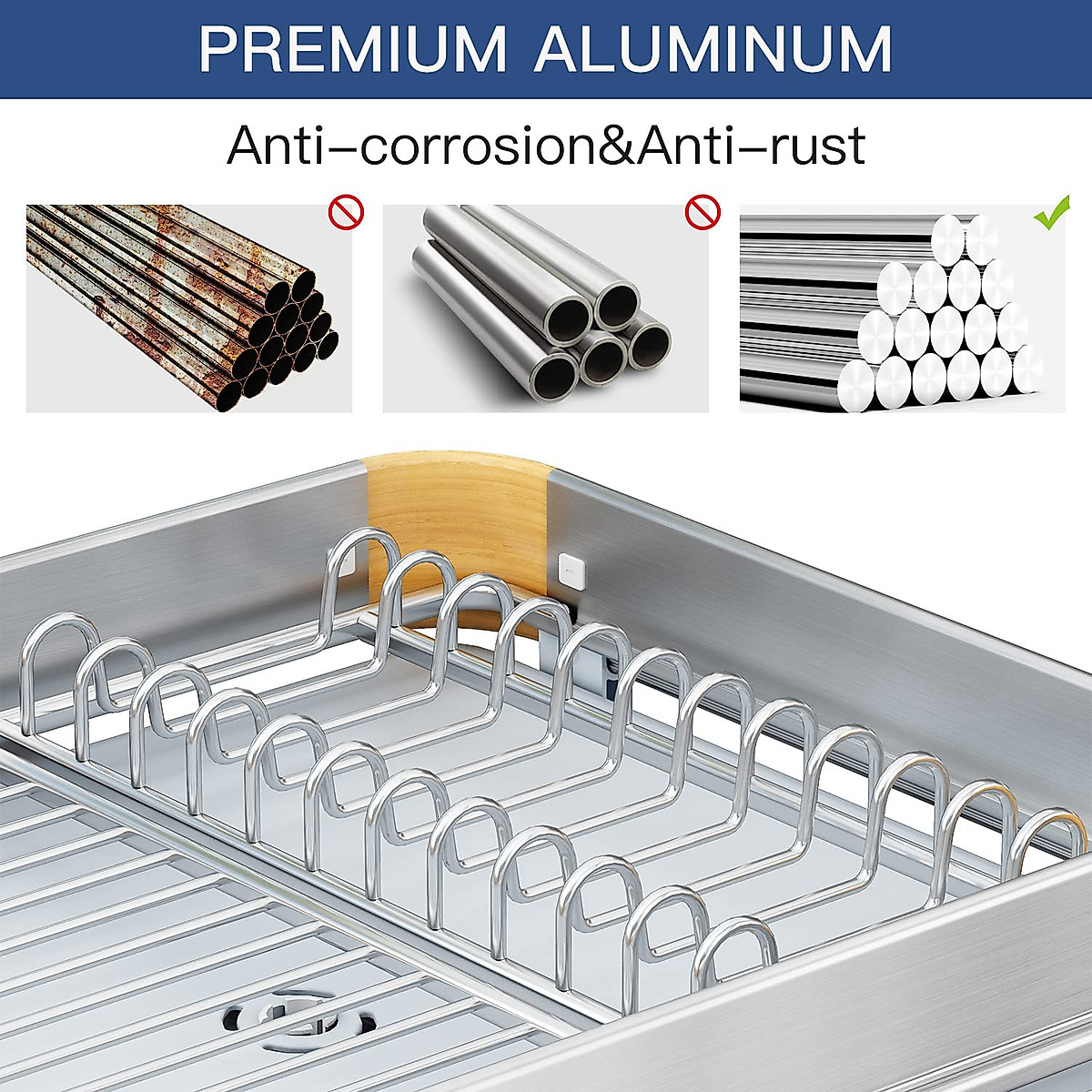 Dish Drying Rack, Aluminium Dish Racks for Kitchen Counter with Cup Rack, Large Dish Drainers with Drainboard, Anti-Rust Kitchen Dish Rack Dryer Shelf for Plate with Utensil, Cutting Board Holder