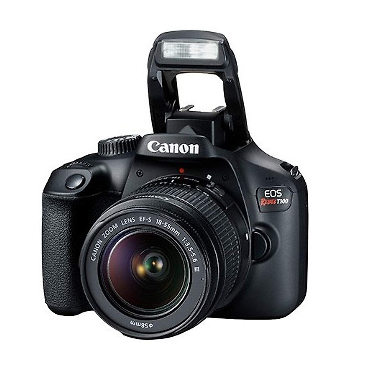 Canon T100 Rebel DSLR Camera with 18-55mm f/3.5-5.6 Zoom Lens + 32GB Card, Tripod, Flash, and More (18pc Bundle)