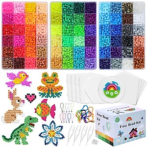 QUEFE Fuse Beads Kit of 72 Assorted Colors, 15000 5mm Beads Craft Kit Including Pegboard, Melting Beads, Ironing Paper, Tweezers & Colorful Hooks, Great Creative Arts and Crafts Set for Girls