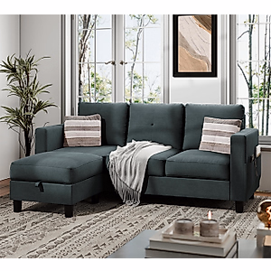 JAMFLY Sectional Sofas Couches for Living Room, L Shaped Couch with Storage Sofa Set, Small Couches for Small Spaces with Movable Ottoman, Dark Grey