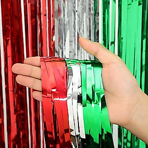 3 Packs 3.3ft x 6.6ft Christmas Foil Fringe Curtains Christmas Party Decoration Red Silver Green Tinsel Foil Fringe Curtains Shiny Metallic Backdrop Photo Booth Props for Christmas Party Supplies
