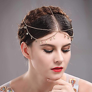 Aukmla Gold Sequins Head Chain Jewelry Festival Halloween Prom Costume Hair Accessories Fashion Headbands Headpieces for Women and Girls