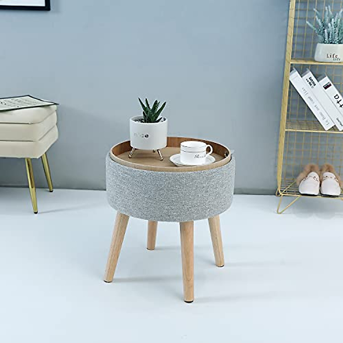 SOFT ASS Multi-Functional Round Storage Ottoman Footrest with Coffee Table Tray, Light Grey Linen with Detachable Wooden Feet/Footstool for Bedroom, Study and Living Room (Light Grey1)