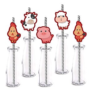 Farm animals Party Straw Decor, 24-Pack Baby Shower or Birthday farmhouse party decorations, Paper Decorative Straws