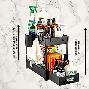 Storage King Under Sink Organizers and Storage, 2 Tier Kitchen & Bathroom Cabinet Basket, Storage Shelf with Sliding Drawers, Multi-Purpose Sink Organizer with Hooks & Cups & Non Slip Mat, Black