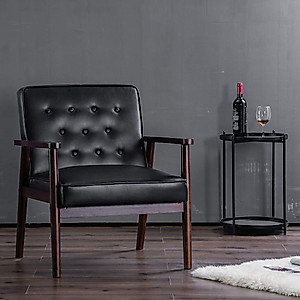 JIASTING Mid-Century Retro Modern Solid Wood Armrest Accent Chair, Faux Leather Tufted Back Upholstered Lounge Chairs, Living Room Furniture (Black 8325)