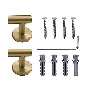 TASTOS Brushed Gold Bathroom Towel Coat Hook Stainless Steel, 2 Pack Robe Clothes Cabinet Closet Sponges Hooks Holder Round Style Heavy Duty Wall Hook for Bathroom Kitchen Hotel Wall Mounted