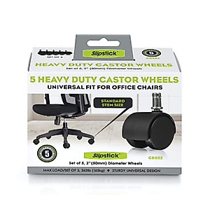 Slipstick CB682 2 Inch Replacement Office Chair Wheels (Set of 5 Casters) Universal Standard Size Stem 7/16 Inch x 7/8 Inch - Black Plastic
