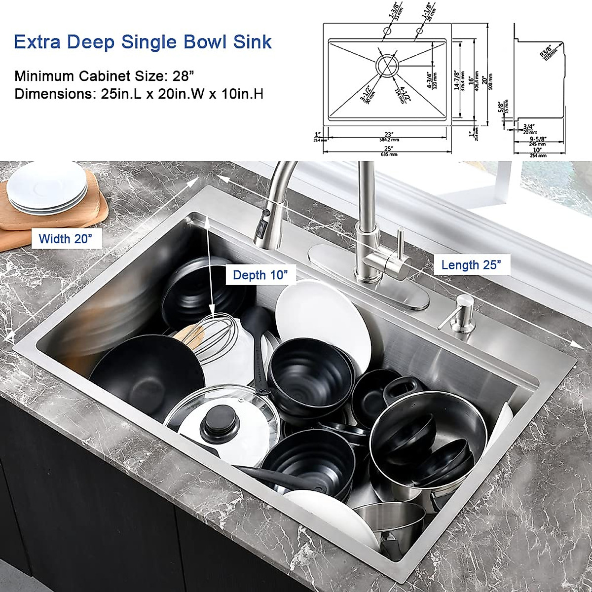25 Inch Drop In Kitchen Sink Workstation-Hovheir 25x20x10 Stainless Steel Topmount Kitchen Sink 16 Gauge Single Bowl Kitchen Sink Handmade 10 Inch Deep Kitchen Sink with Cutting Board
