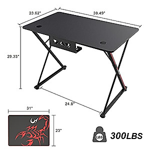EE EUREKA ERGONOMIC Gaming Desk 39 inch, Small Gaming Table for Kids, Gift Idea, PC Computer Desk,Home Office Desk Workstation with Carbon Fiber Surface,Gamer Desk with Headphone Hook and Cup Holder