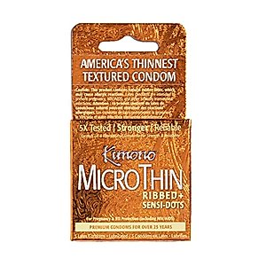 Kimono MicroThin Ribbed with Sensi-Dots - Textured Lubricated Condoms, Snug Form-Fit, Natural Latex Condoms, Vegan-Friendly, No Latex Odor - Enhanced Sensitivity - Pack of 3