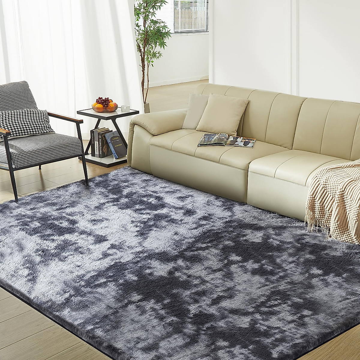 Luxury Shag Area Rug, 5X8 Ft Indoor Ultra Soft Plush Rugs for Living Room, Carpet for Teens Dorm Nursery Home Decor Aesthetic, Upgrade Anti-Skid Durable, Tie Dye Black and Grey