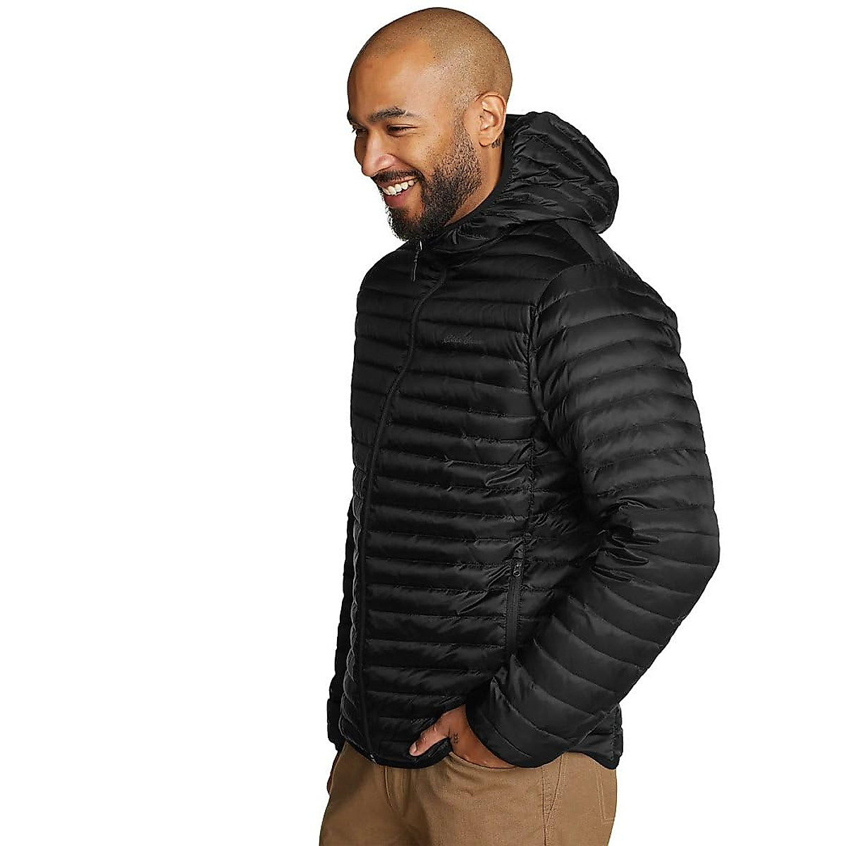 Eddie Bauer Men's Microlight Down Hooded Jacket, Black, Medium