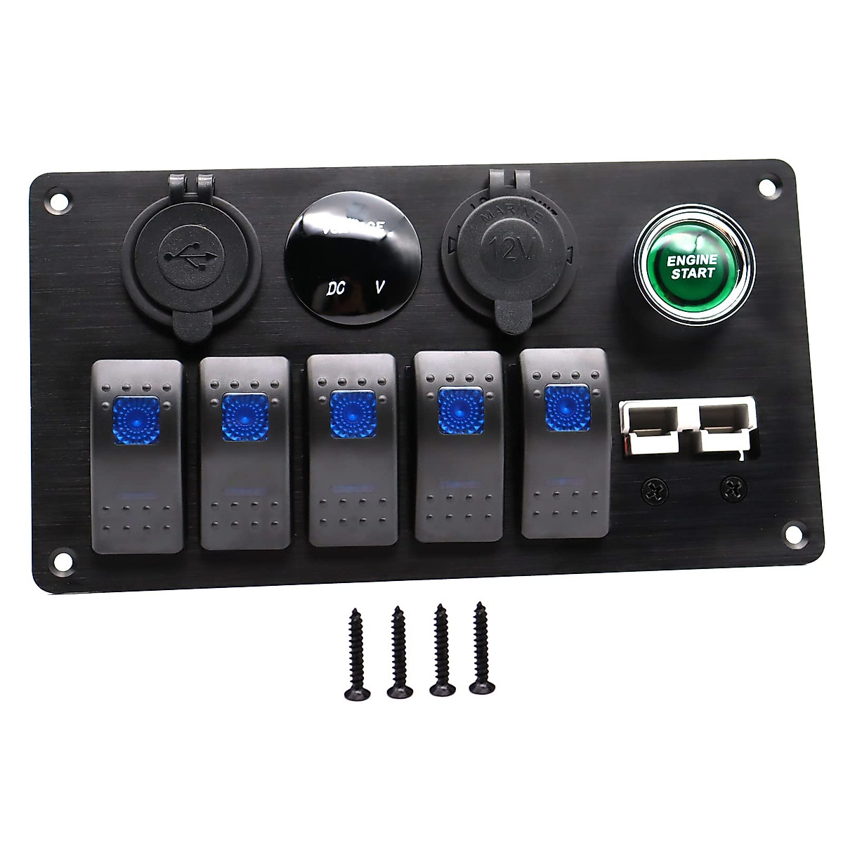 Cigarette Lighter Power Socket Panel, LOKEKE Waterproof 5 Gang Marine Boat Rocker Toggle Switch Panel with Engine Start Push Button + LED Voltmeter + Anderson Connector + Dual USB Socket for RV Truck