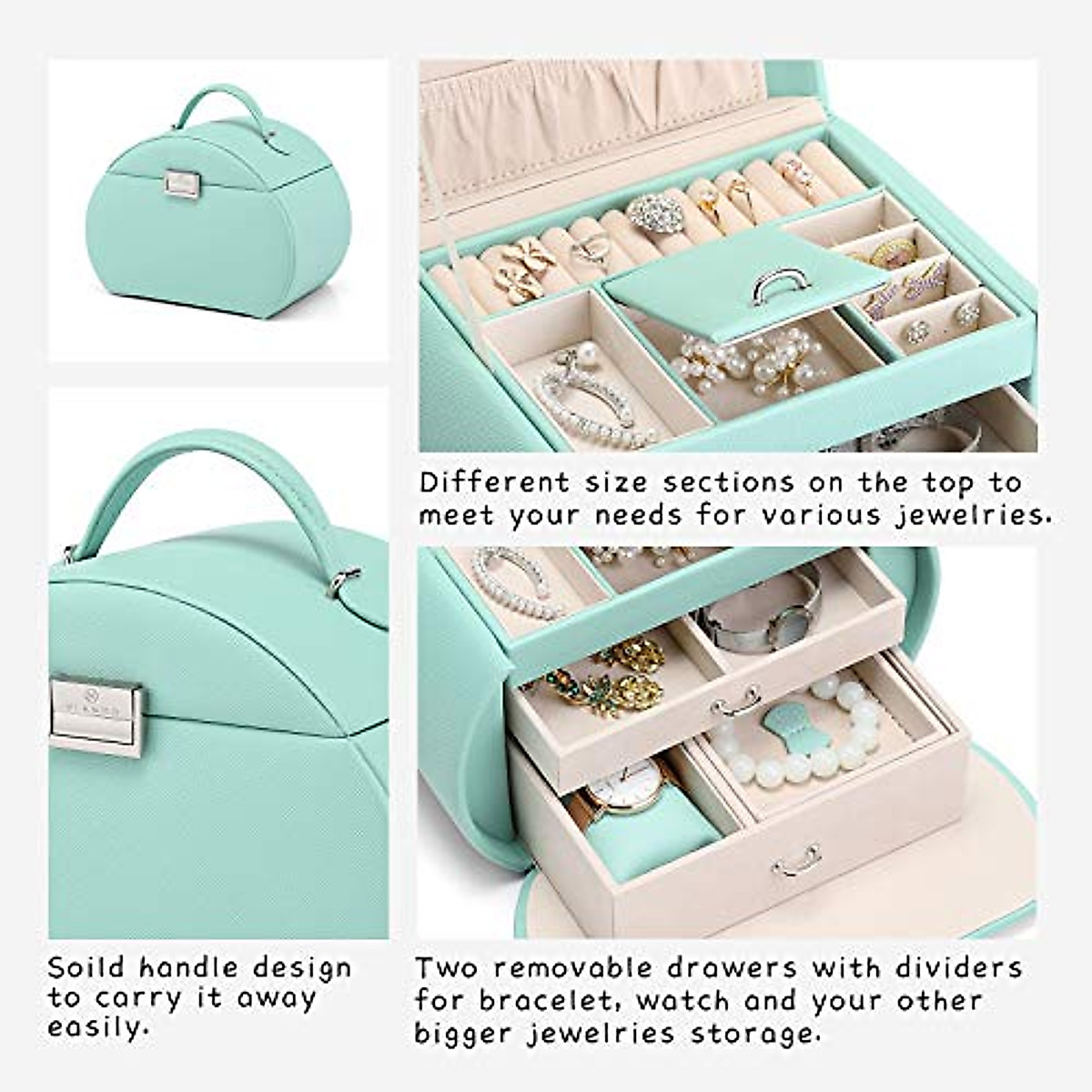 Vlando Princess Style Jewelry Box Half-Moon Design, Fabulous Girls Gift (Green)