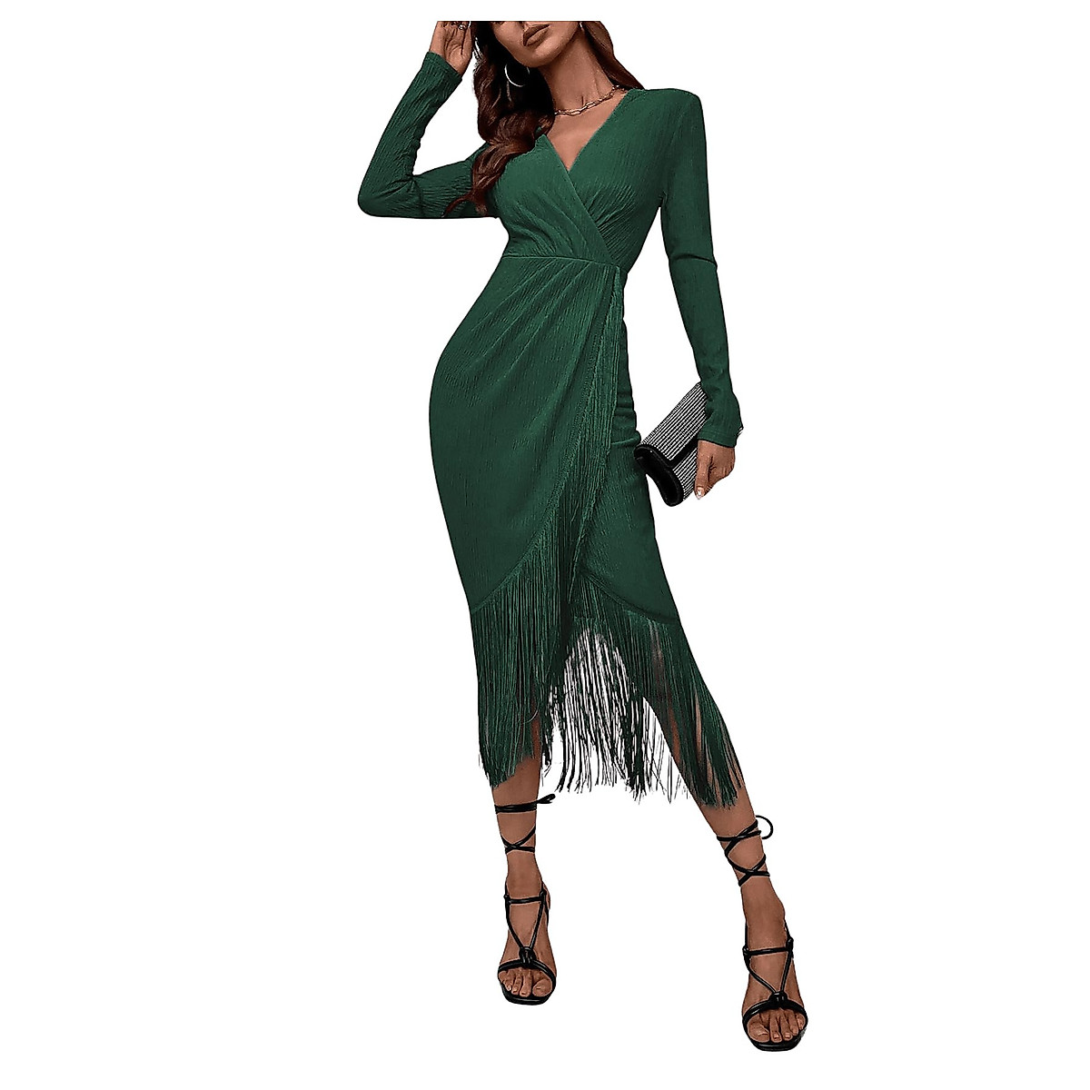 WDIRARA Women's Fringe Wrap Ruched V Neck Long Sleeve Solid Bodycon Party Maxi Dress Dark Green XL