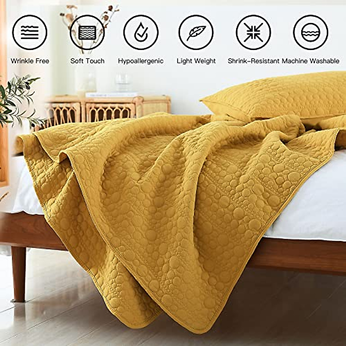 Quilt Set Queen Size Yellow, Classic Geometric Spots Stitched Pattern, Pre-Washed Microfiber Coverlet Ultra Soft Lightweight Quilted Bedspread for All Season, 3 Pieces
