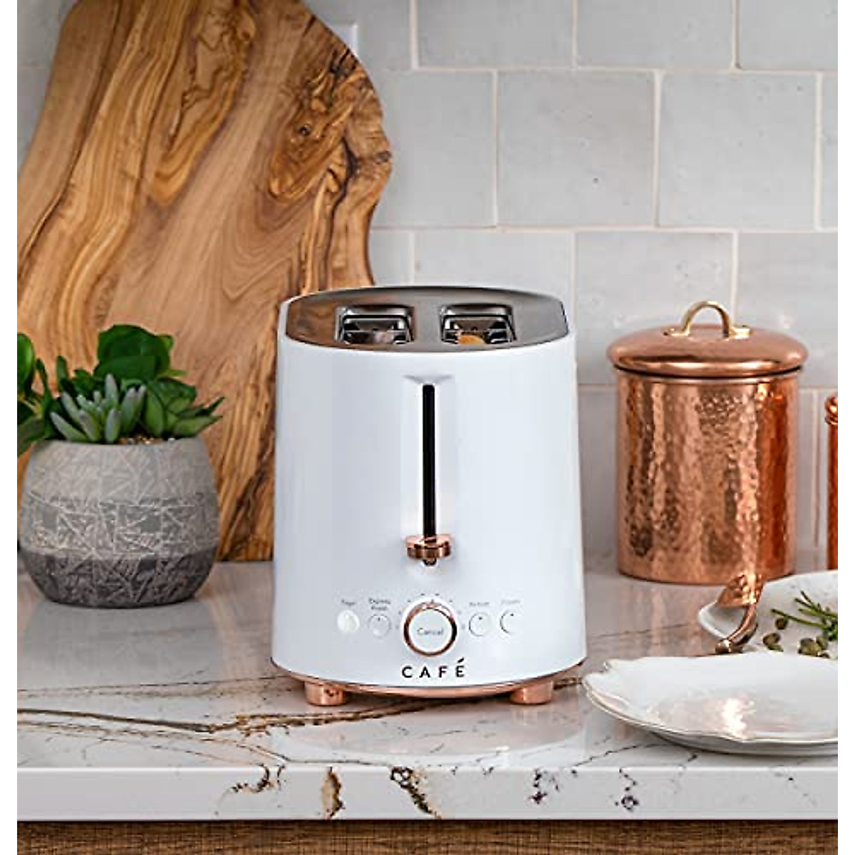 Café Express Finish 2-Slice Toaster | Extra-Wide Slots, Extra Lift for Waffles, Pastries, Texas Toast & More | 4 Pre-Set Functions, 8 Shade Options | Countertop Kitchen Essentials | Matte White