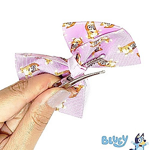 Bluey Kids Hair Bows - Hair Accessories Gift Set - Bluey Hair Bows - 7 Pcs 4 Inch Bow Bundle - Hair Bows for Girls - Different Bluey print on each clip - Alligator Clip - Ages 3 +