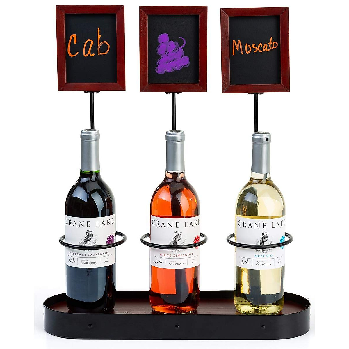 Displays2go Countertop Wine Bottle Sign Display, 3 Chalkboards – Mahogany (WINCNTCHK3)