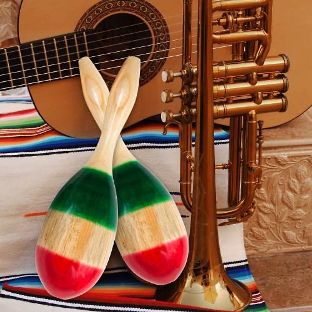 Needzo Maracas Musical Instrument, Large Wooden Tri-Colored with Palm Tree Silhouette, Latin Percussion, for Adults, Set of 2, 12 Inches