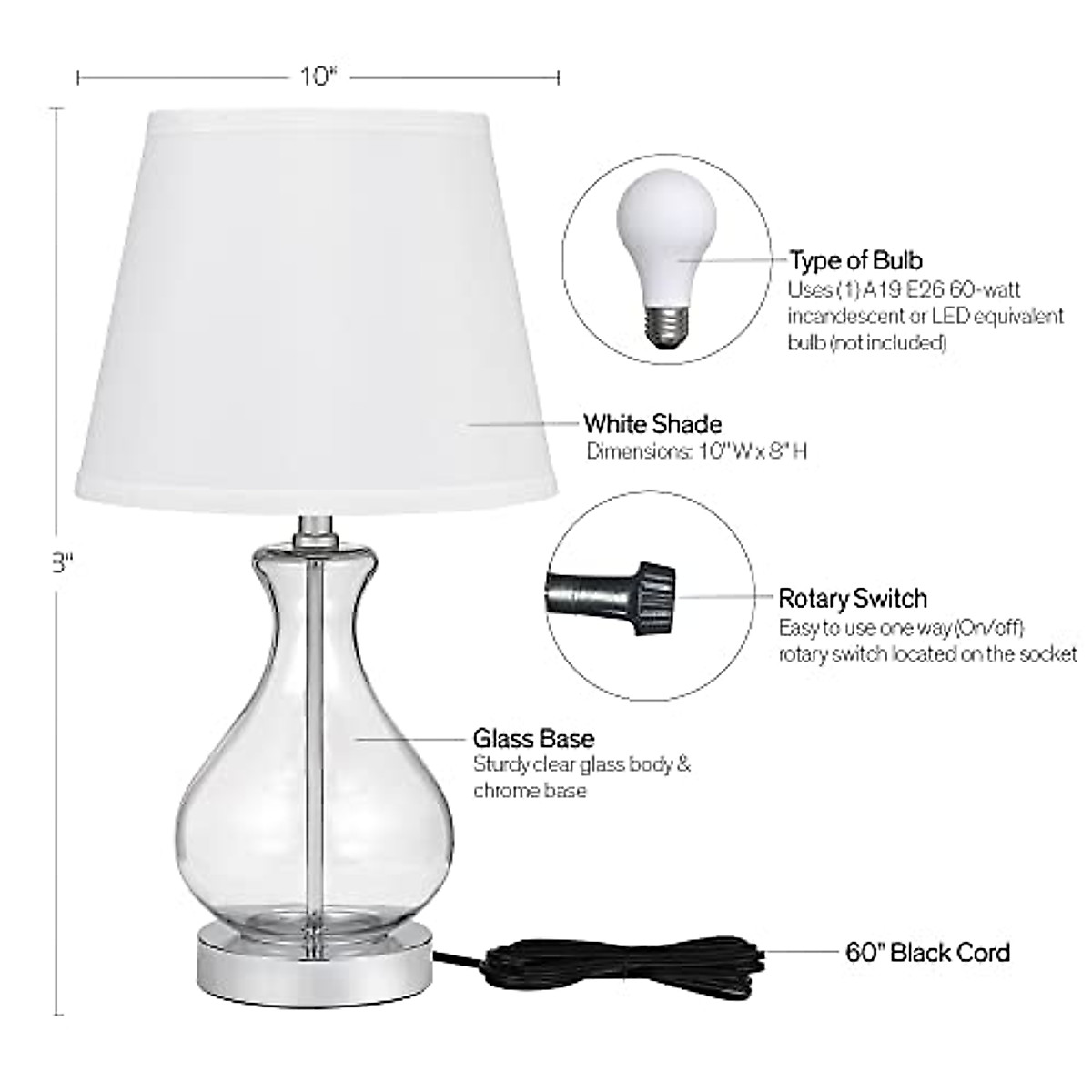 Catalina 19896-001 Transitional Teardrop Clear Glass Table Lamp, 18, White