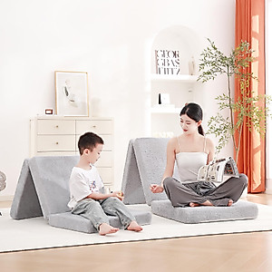 Tiita Tri Foldable Floor Mattress for Adults, 4 inch Single Folding Mattress with Washable and Removable Cover for Camping, Living Room, Guest Room, Plush Grey