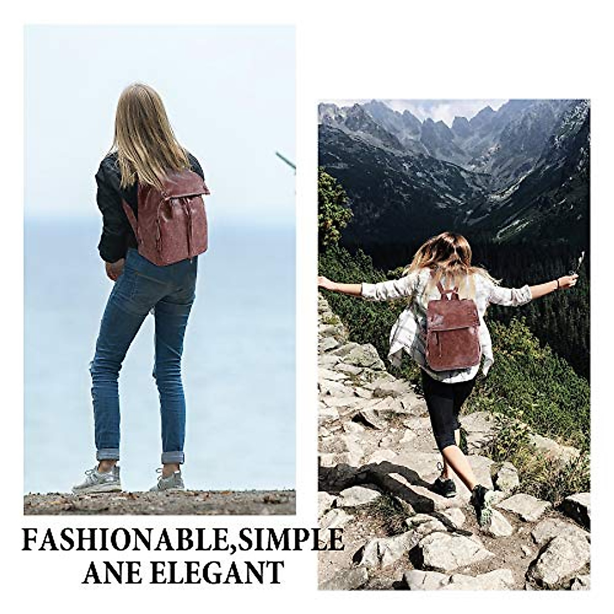 ROOSALANCE Women Backpack Waterproof Anti-theft PU Leather Nylon Shoulder Bag Travel Backpack Ladies (Dark Pink)