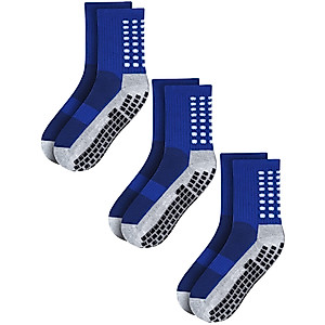 RATIVE Anti Slip Non Skid Slipper Hospital Crew Socks with grips for Adults Men Women (XXL, 3 pairs-blue)