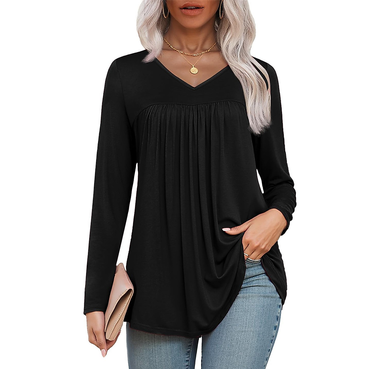 LAOLASI Womens Black Long Sleeve Tunic Tops V Neck Casual Dressy Shirts Loose Fashion Blouses Fall Winter Tops For Women,XL