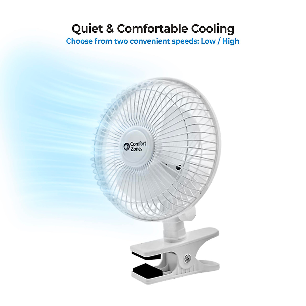 Comfort Zone CZ6C 6-inch Quiet Portable Indoor 2-Speed Desk Fan with Clip and Fully Adjustable Tilt, White for Home, Office, Bedroom