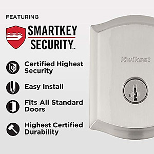 Kwikset 98180-021 Prescott Single Cylinder Front Door Handleset with Tustin Lever Featuring SmartKey Security and Microban Antimicrobial Protection in Satin Nickel