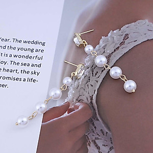 Sttiafay Vintage Crystal Pearl Drop Earrings Long Pearl Chain Earrings Gold Pearl Tassel Earrings Shine Bridal Cz Rhinestone Pearl Earrings Jewelry for Women and Girls