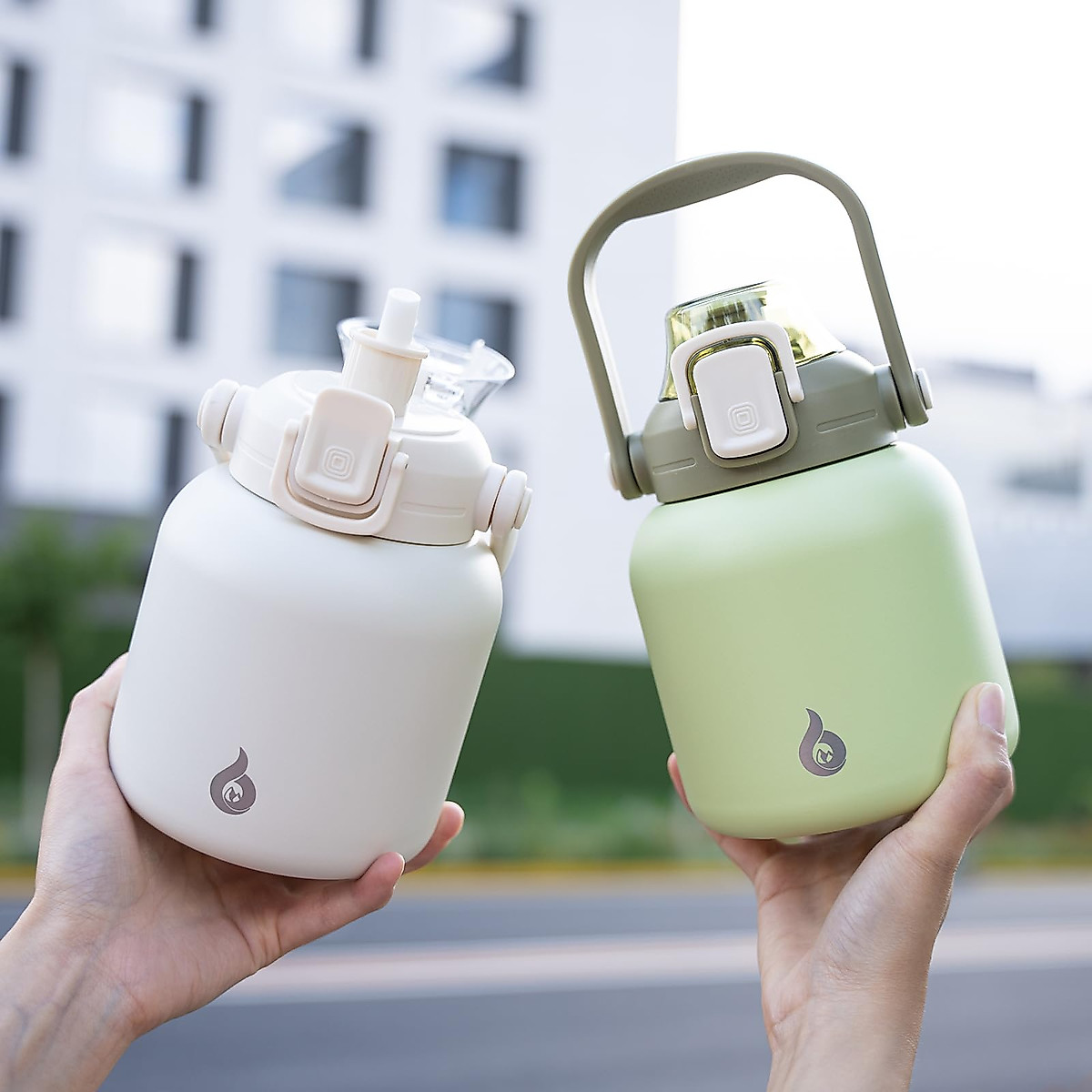 BJPKPK Insulated Water Bottles with Straw, 20oz Cute Water Bottles with Handle, BPA Free Stainless Steel Metal Water Bottles, Easy Carry Thermos Water Bottle for Men & Women, Light Green