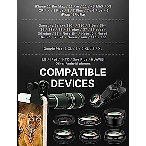 Cell Phone Camera Lens Kit,11 in 1 Universal 20x Telephoto Lens,0.63Wide Angle+15X Macro+198°Fisheye+2X Telephoto+Kaleidoscope+CPL/Starlight/Eyemask/Tripod,for Most iPhone Smartphone (Black)